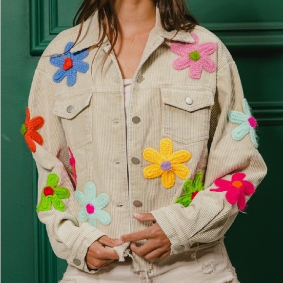 BiBi | Jackets & Coats | Bibi Beige Corduroy Floral Embroidered Cropped ...